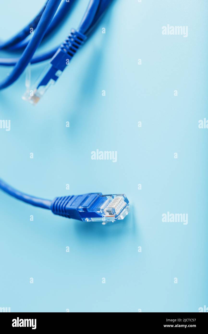 Blue Ethernet Cable Connectors Patch cord cord close-up isolated on a blue background with free ...