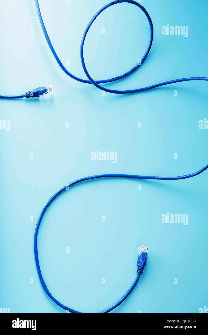 Blue Ethernet Cable Connectors Patch cord cord close-up isolated on a blue background with free ...