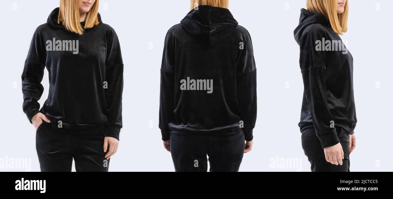 Template of a women's sweatshirt of black colors. Front view, side view ...
