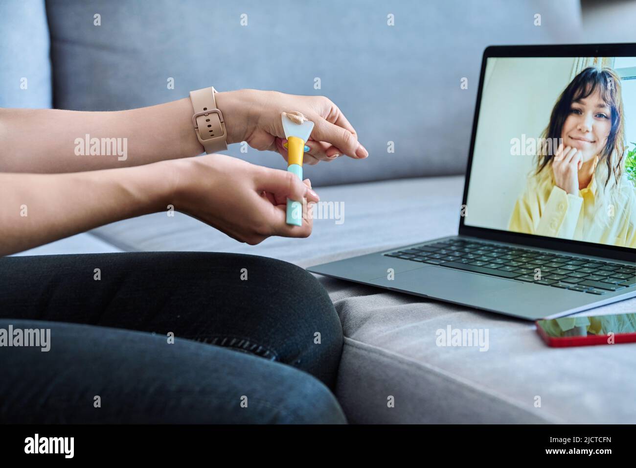 Video call chat conference, young woman consultation on use, cosmetic ...