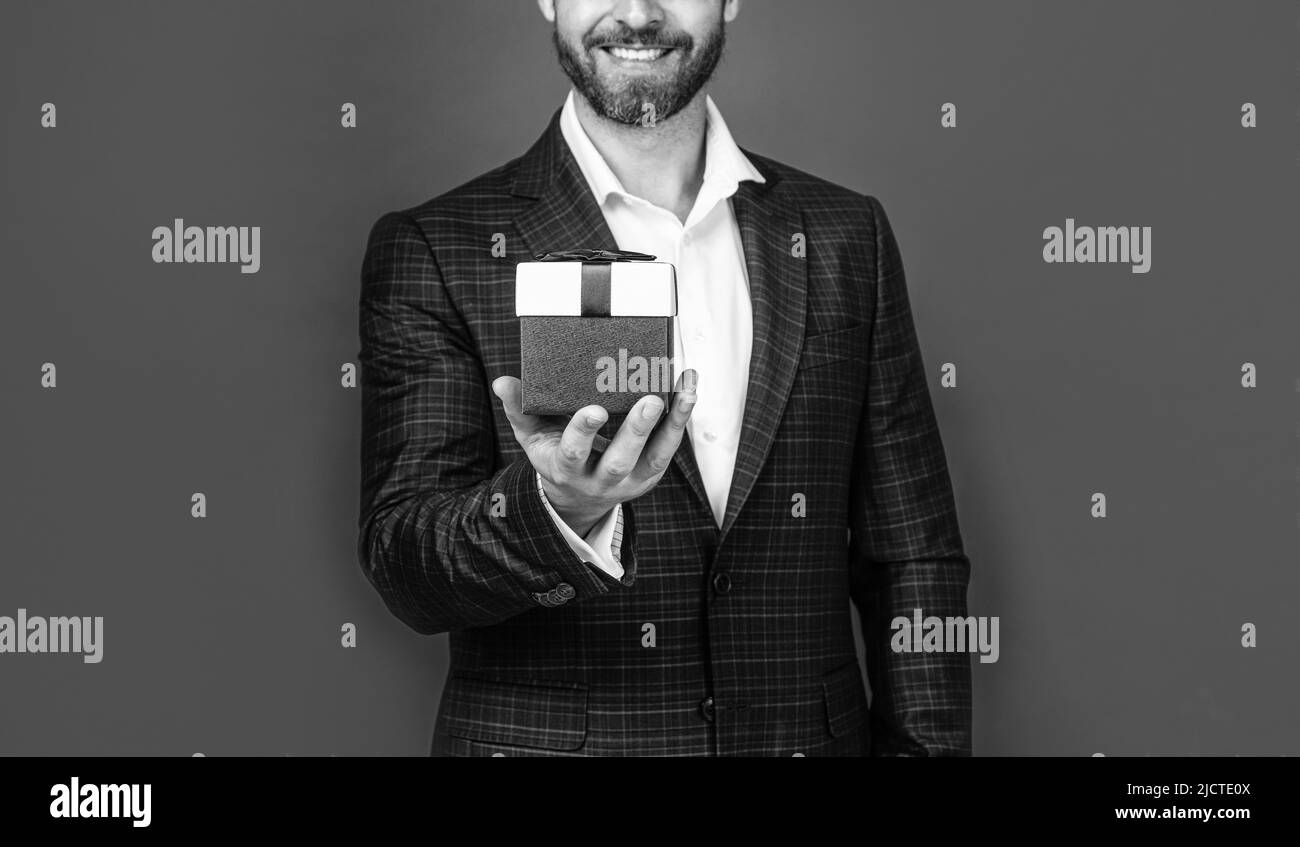 happy birthday. man in suit with gift. valentines day holiday. shopping ...