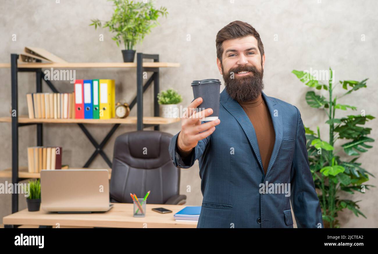 happy brutal ceo in businesslike suit has lunch break show takeaway ...