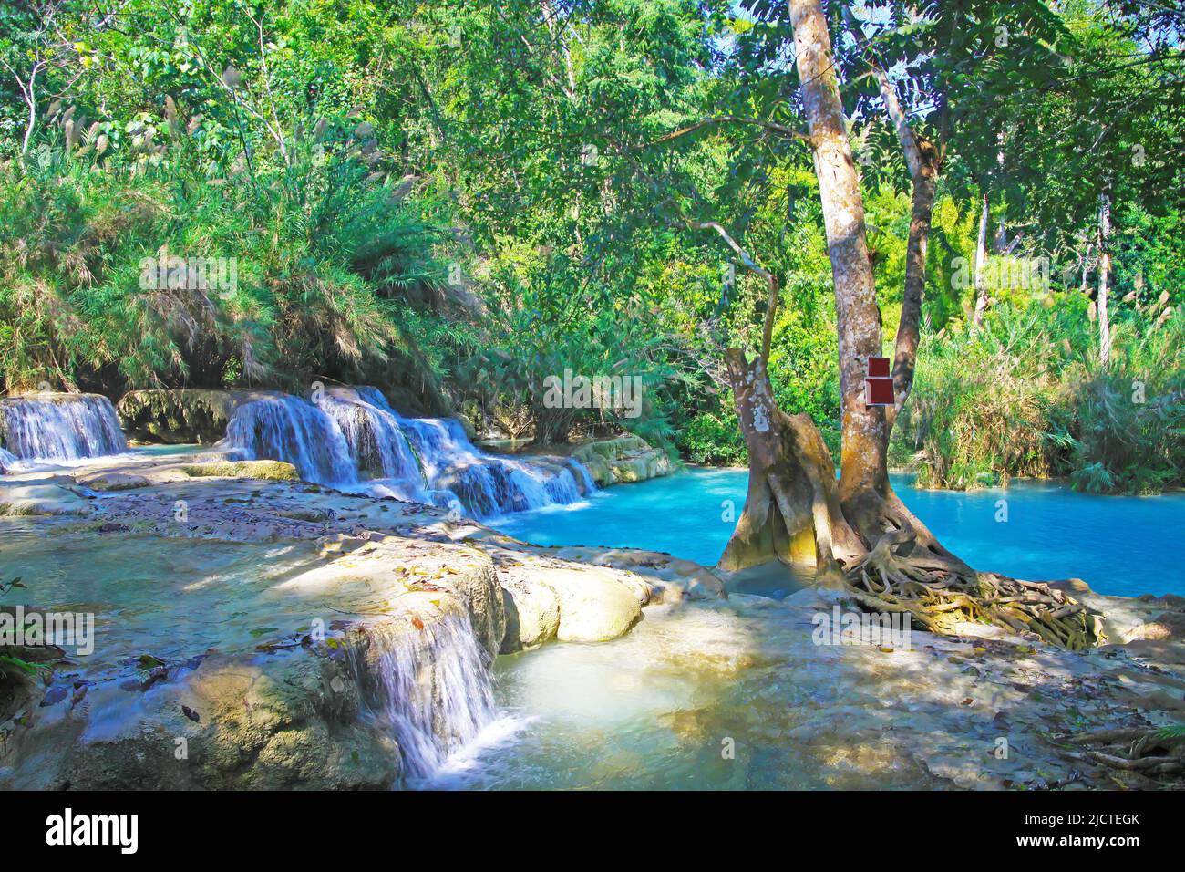 Beautiful idyllic lonely tropical waterfall staircase cascade ...