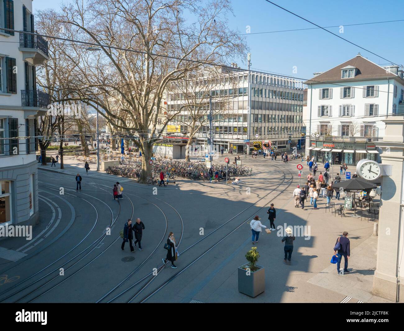 Zurich, Switzerland - March 26th 2022: View over the lively square in ...