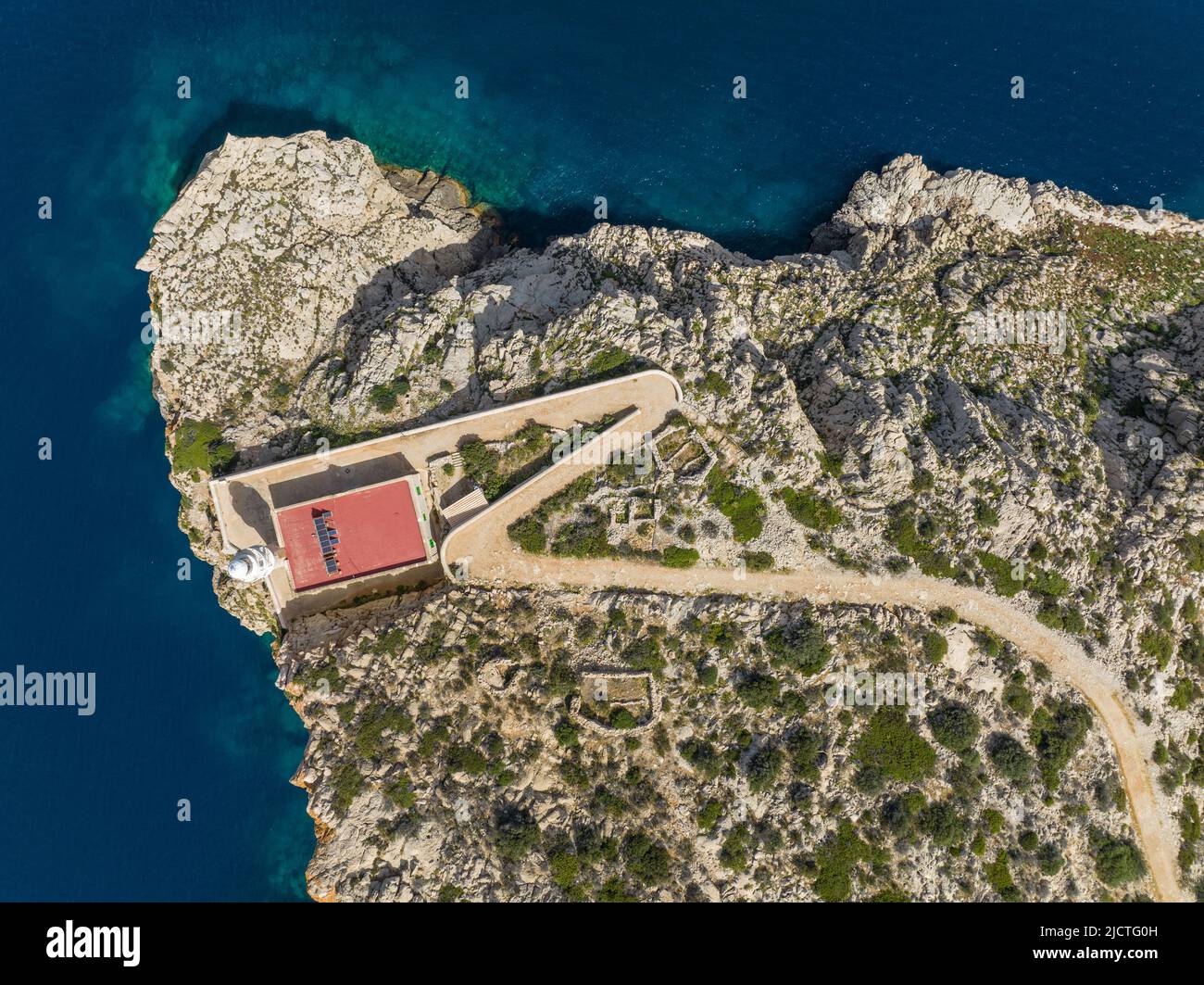 Aerial view Tramuntana lighthouse, on the island of Sa Dragonera ...