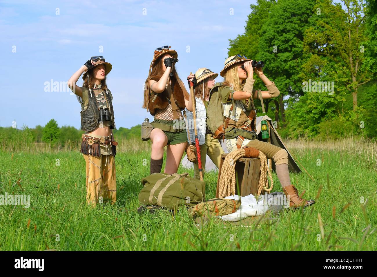 Four girls are seen as explorers.They set up a campsite in the outdoor ...