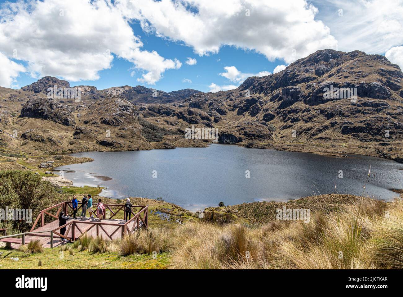 Tourists on observation deck at Toreadora lake in Cajas National Park ...