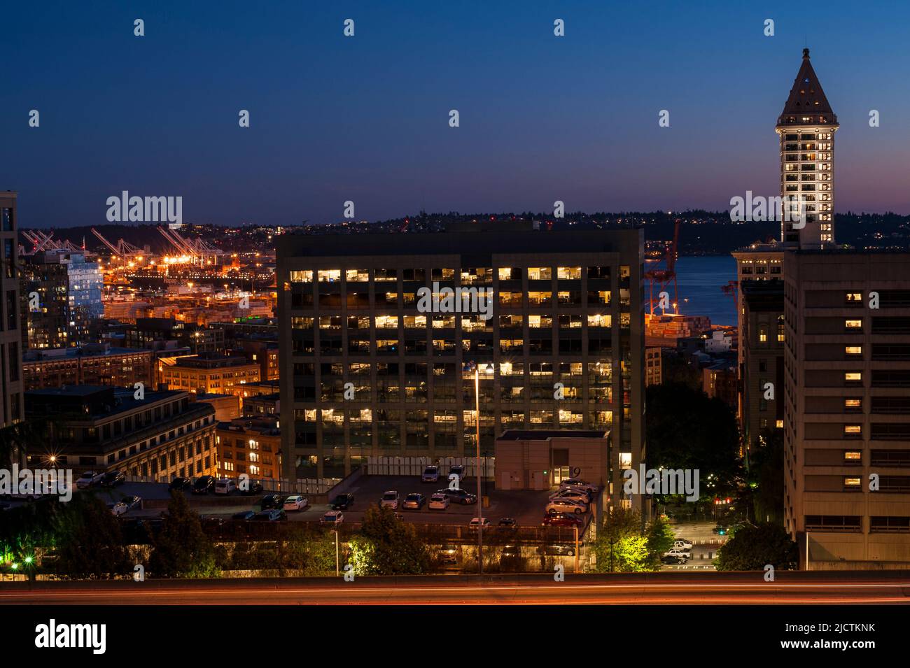 Image of Downtown Seattle sunset with building facade and interior ...