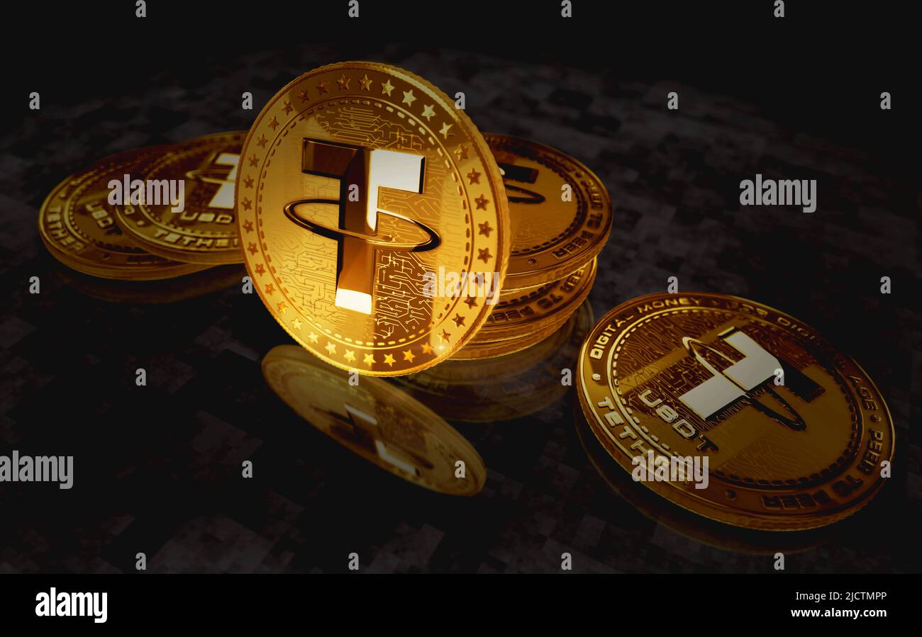 Tether USDT stablecoin cryptocurrency gold coin on green screen ...