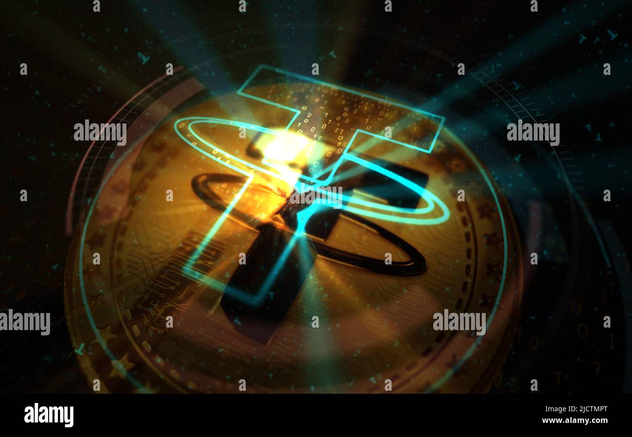 Tether USDT stablecoin cryptocurrency gold coin on green screen ...