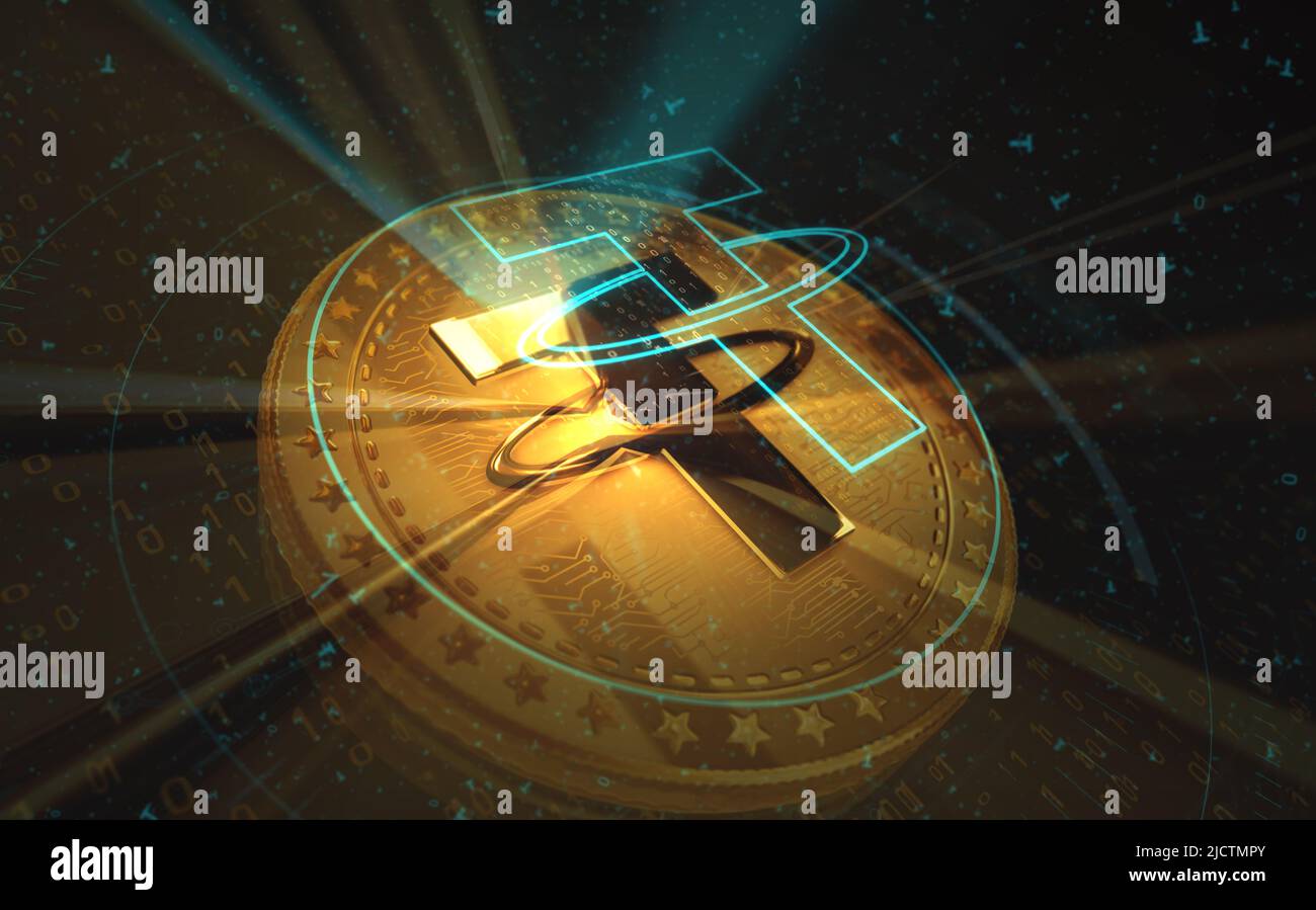 Tether USDT stablecoin cryptocurrency gold coin on green screen ...