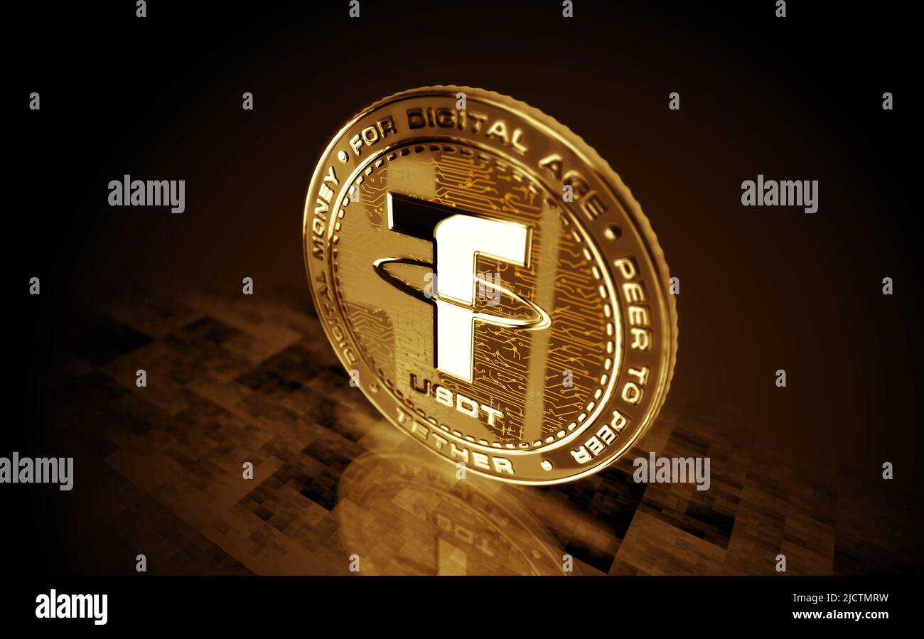 Tether USDT stablecoin cryptocurrency gold coin on green screen ...