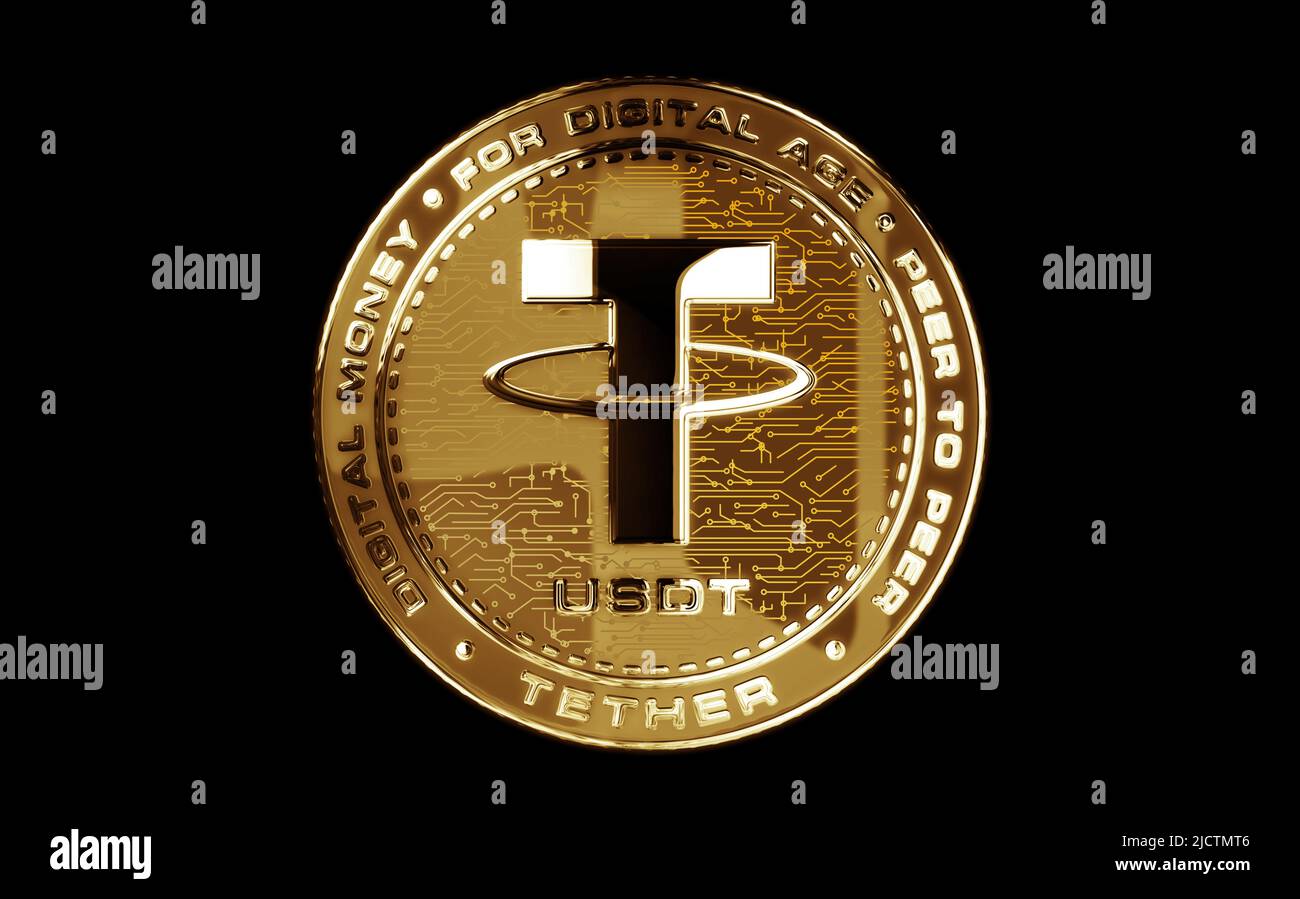 Tether USDT stablecoin cryptocurrency isolated gold coin on green ...