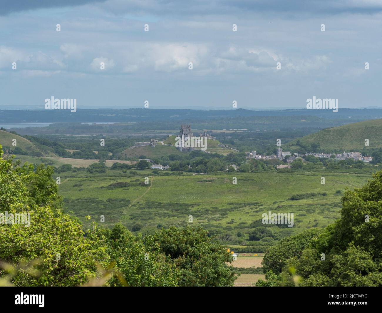 Long distance view of the castle in Corfe Castle from Kingston, Purbeck ...