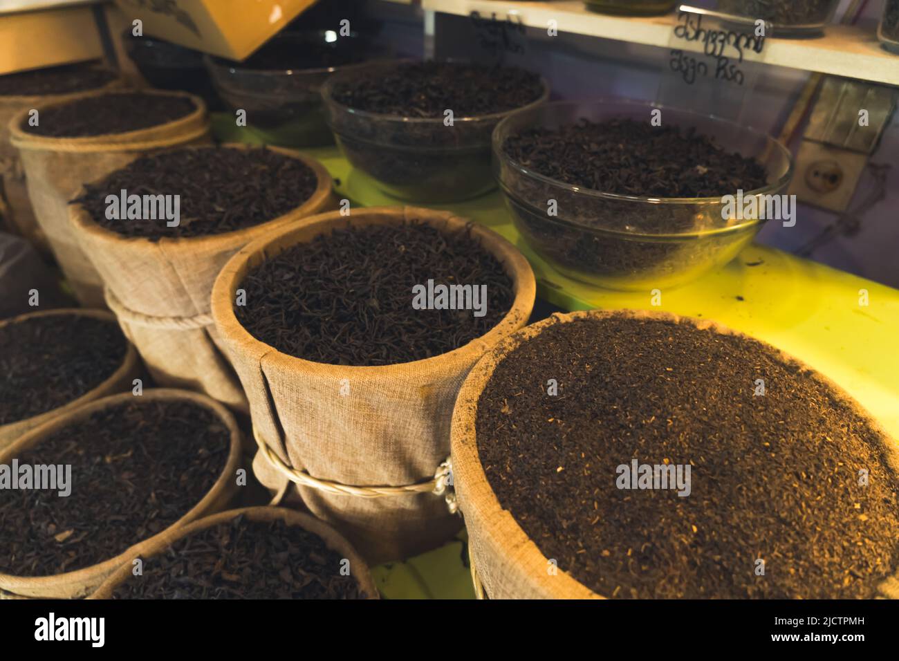 different species of dried tea on a counter, Tbilisi local market ...