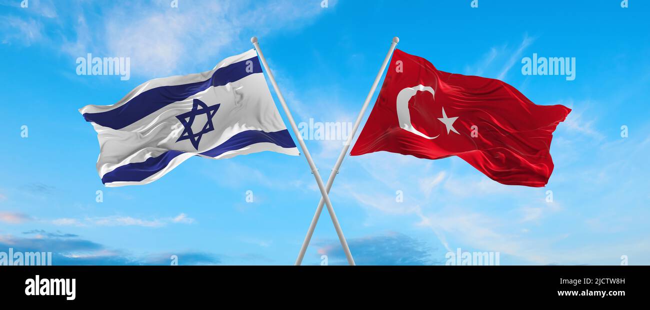 two crossed flags Israel and Turkey waving in wind at cloudy sky ...