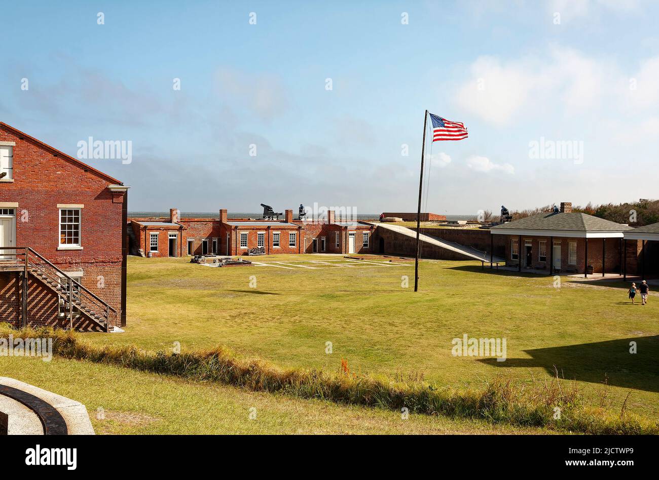 Fort Clinch State Park; inside compound, old brick buildings, US flag ...