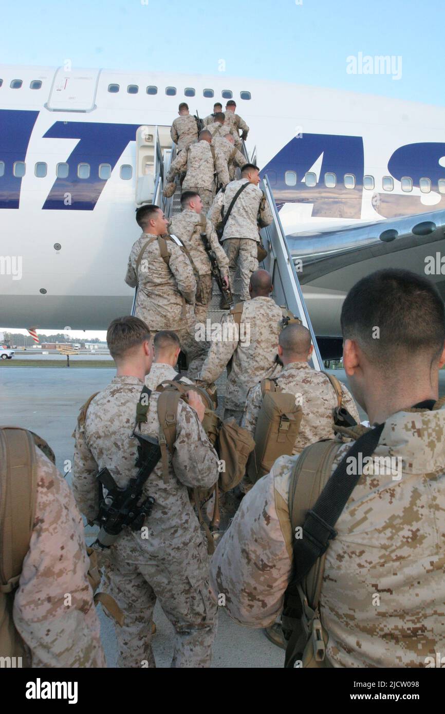 U.S. Marines with 1st Battalion, 8th Marine Regiment (1/8), 2D Marine Division, board their ...