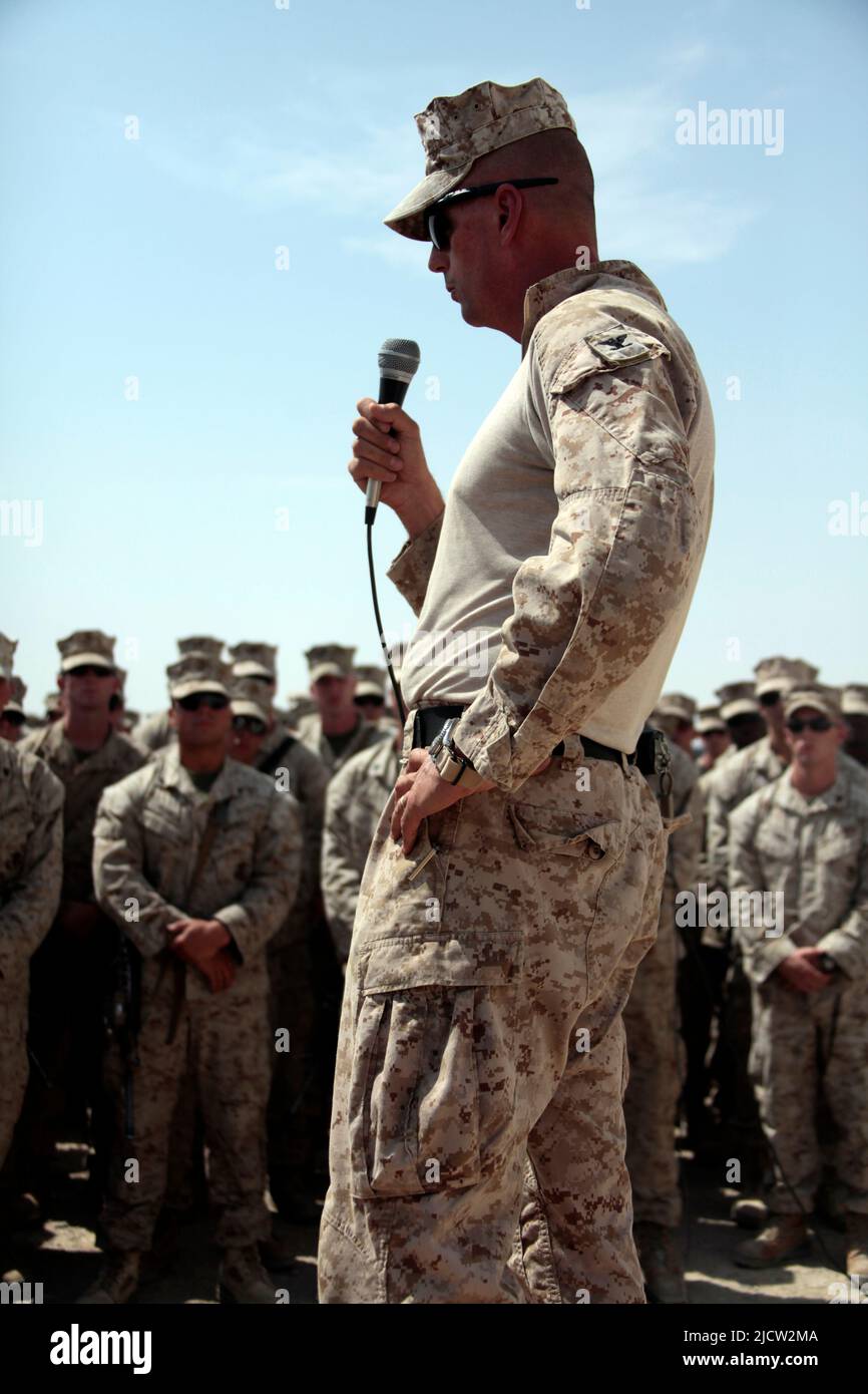 US Marine speaks to fellow Marines about completing their mission while ...