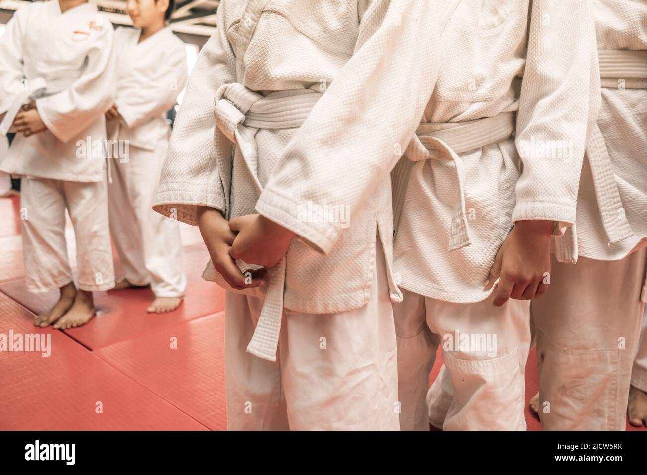 Unrecognizable judo practitioners about to start a practice session ...