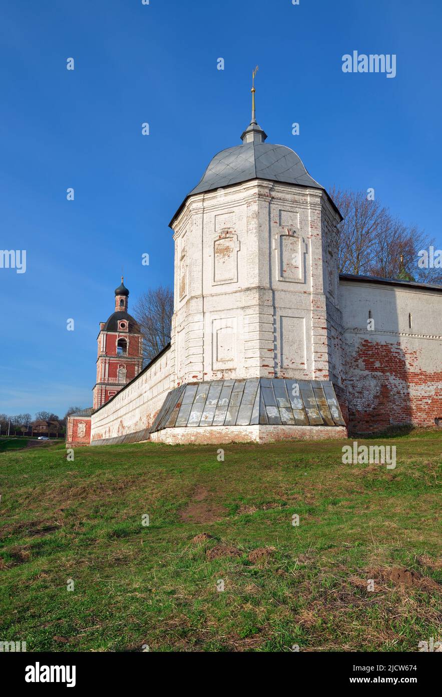 The walls of the Goritsky Assumption Monastery. Corner fortress tower ...