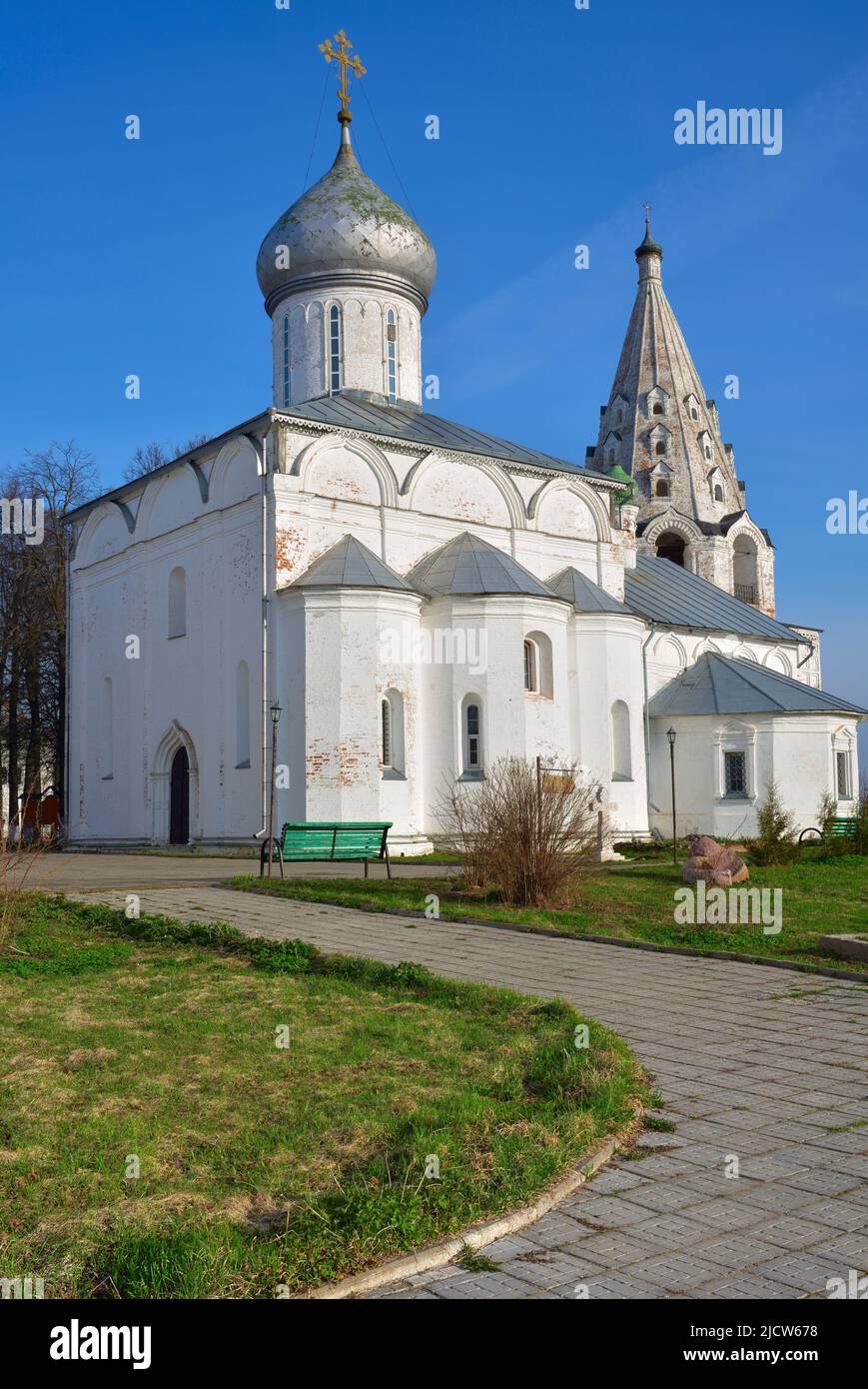 The old Trinity Danilov Monastery. The path to the Trinity Cathedral with a bell tower, Russian ...