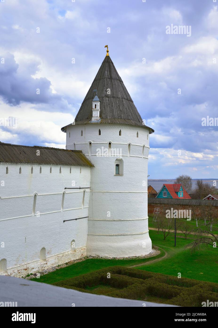 The Kremlin of Rostov the Great. Corner fortress tower under the blue ...