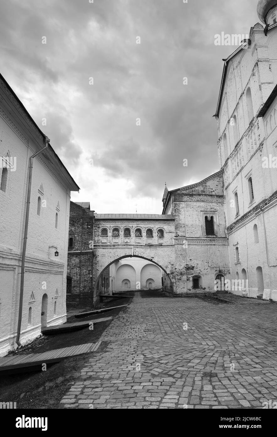 The Kremlin of Rostov the Great. Old city courtyard with stone pavement ...