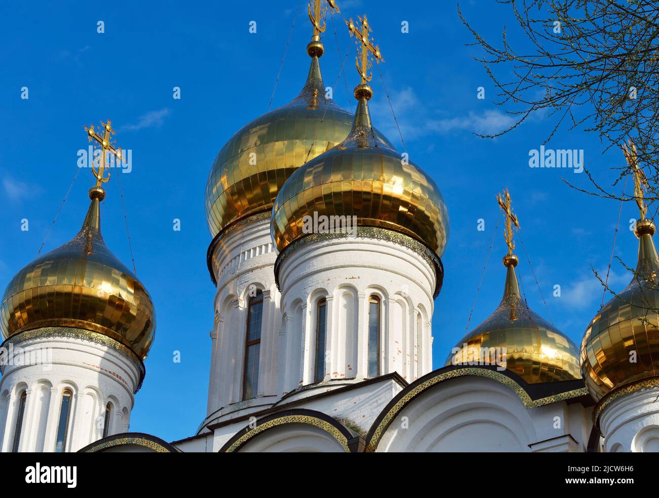 The restored St. Nicholas Orthodox Monastery. Golden domes of the ...