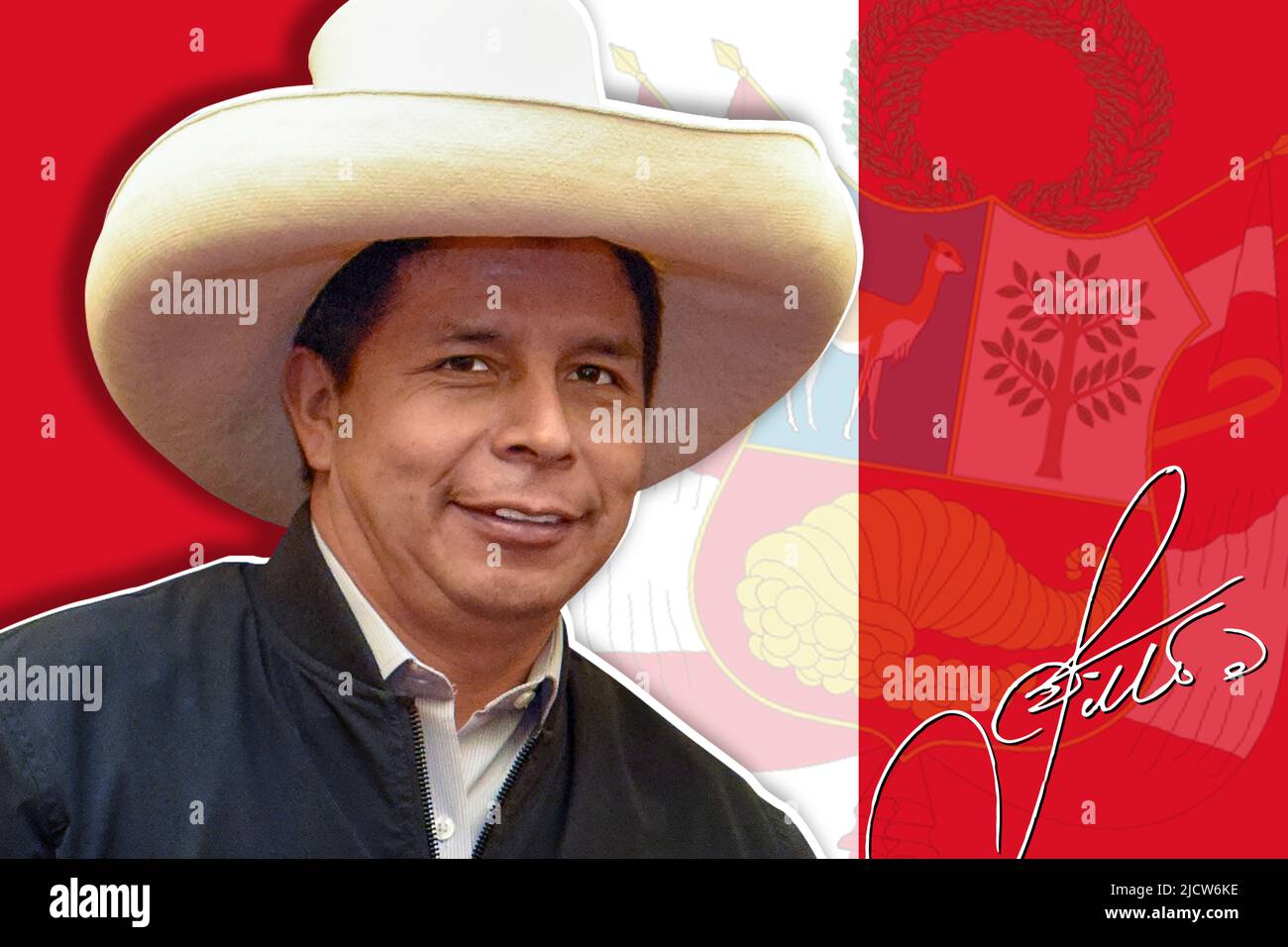 Pedro Castillo, flag of Peru and signature Stock Photo - Alamy