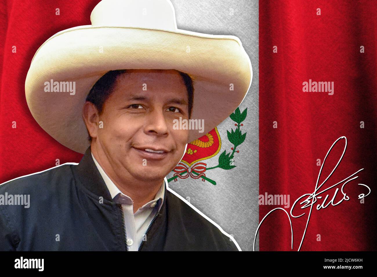 Pedro Castillo, flag of Peru and signature Stock Photo - Alamy