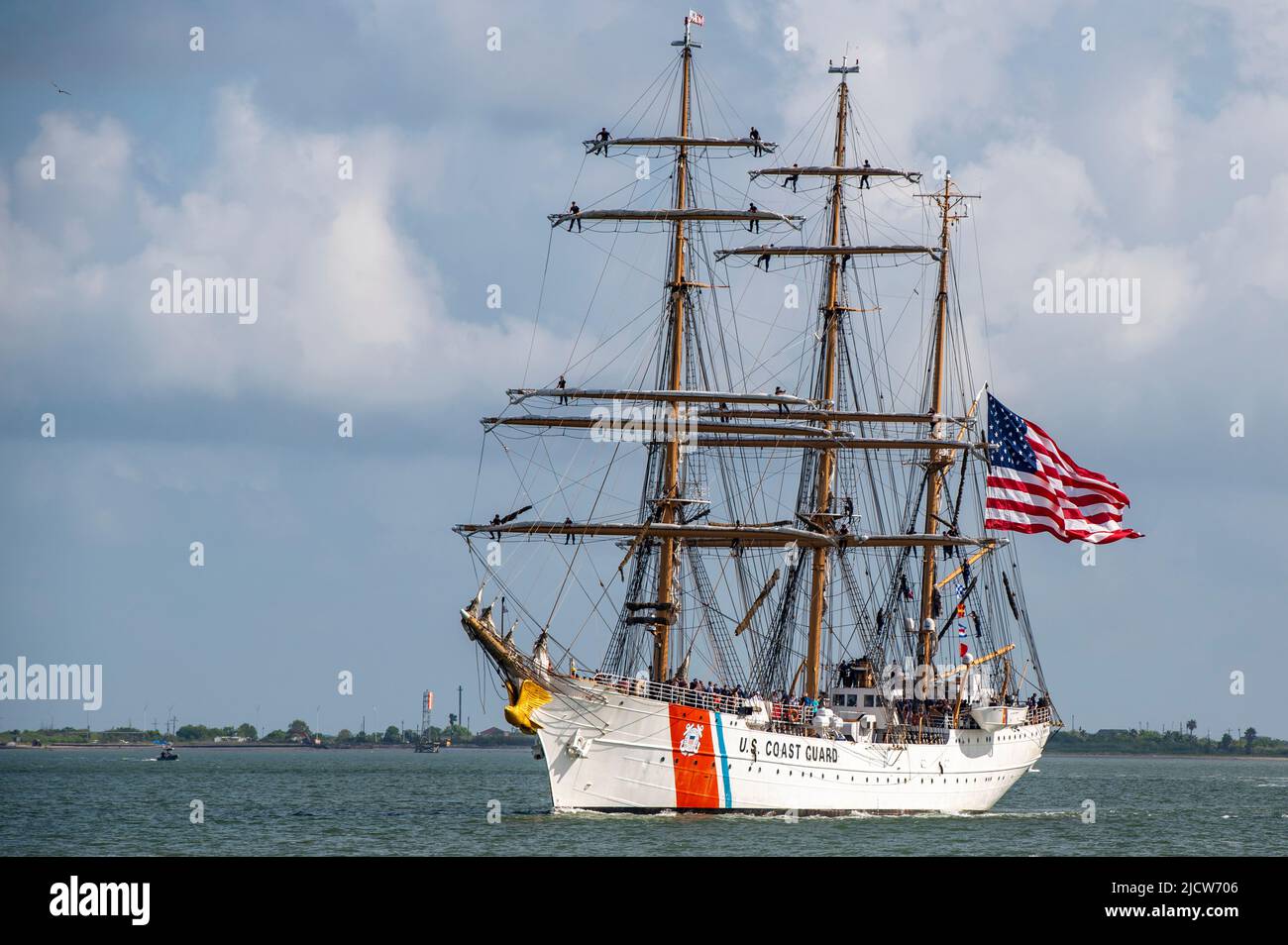 The U.S. Coast Guard Cutter Barque Eagle transits the Galveston Channel ...