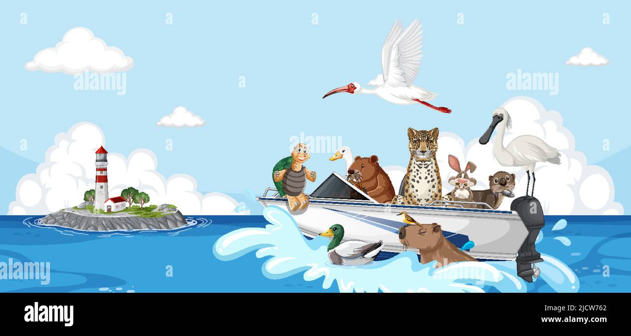 Wild animals on a boat illustration Stock Vector Image & Art - Alamy