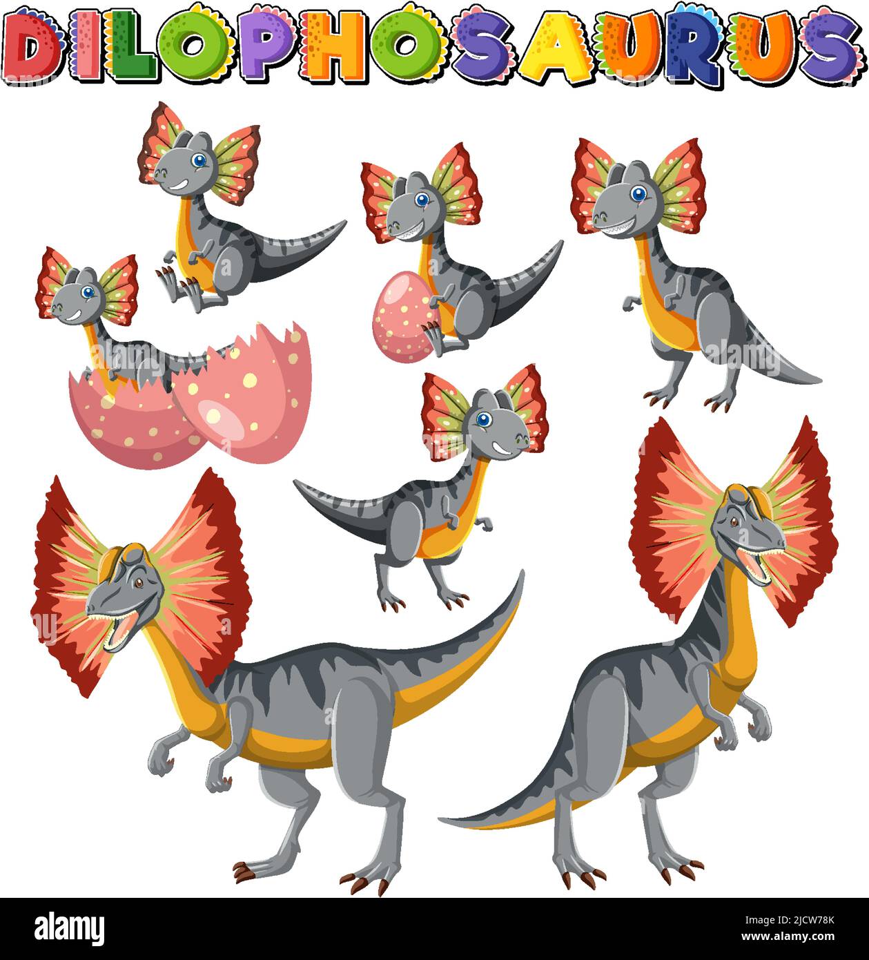 Set of cute dilophosaurus dinosaur cartoon characters illustration ...