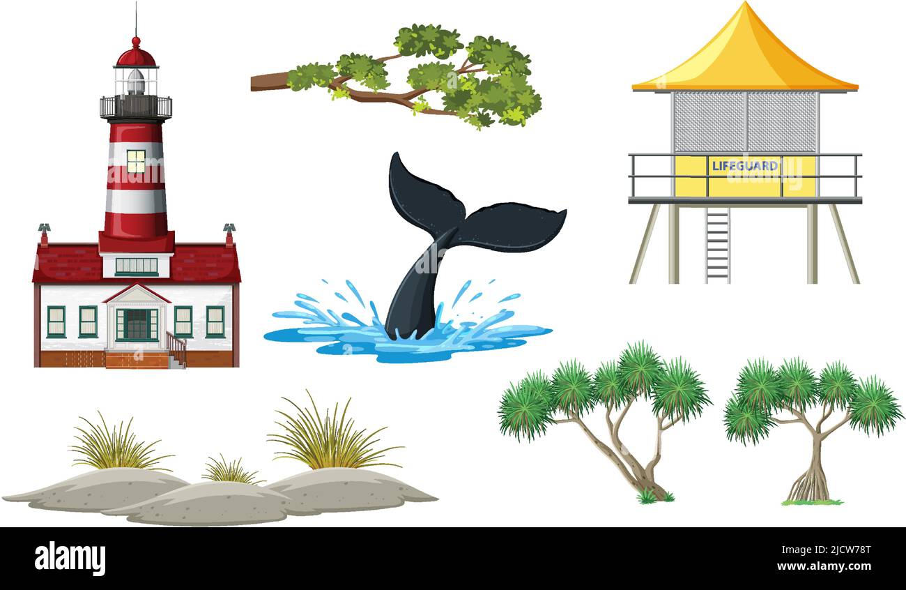 Set of beach coast objects and elements illustration Stock Vector Image ...
