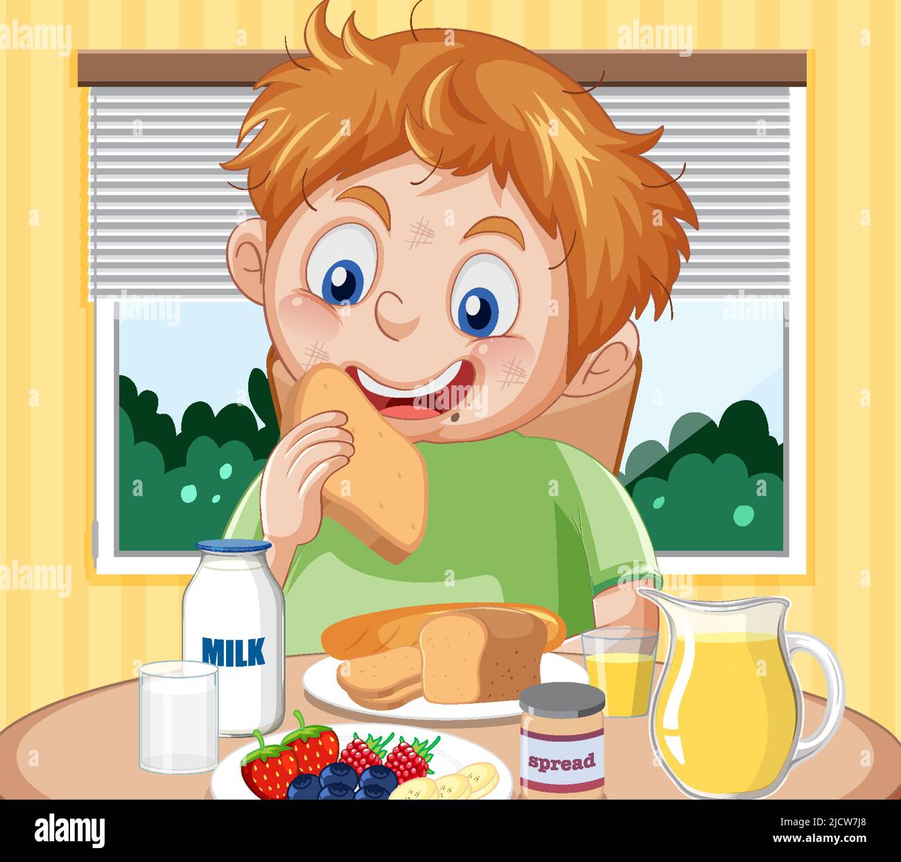 A boy eating breakfast at the table illustration Stock Vector Image ...