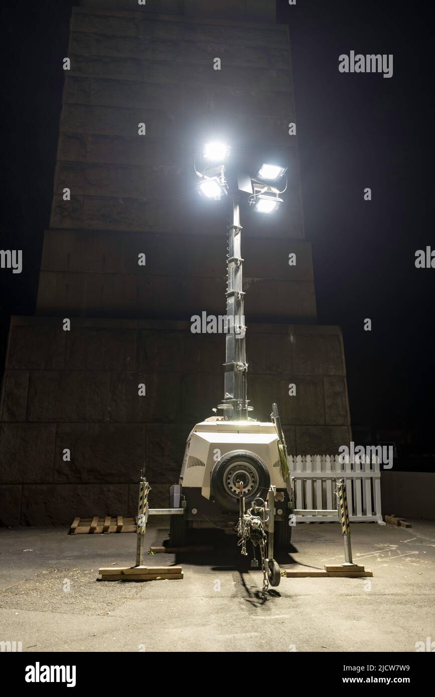 A diesel powered, high intensity light tower or lighting tower working ...