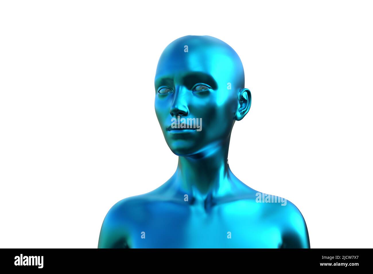 3d illustration. Portrait of a blue bald woman on a white background ...
