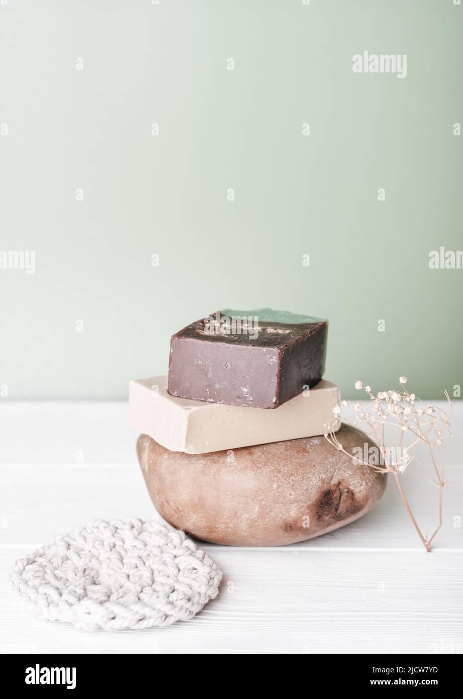 natural craft soap bars and cotton washcloth for face cleansing. coffee ...
