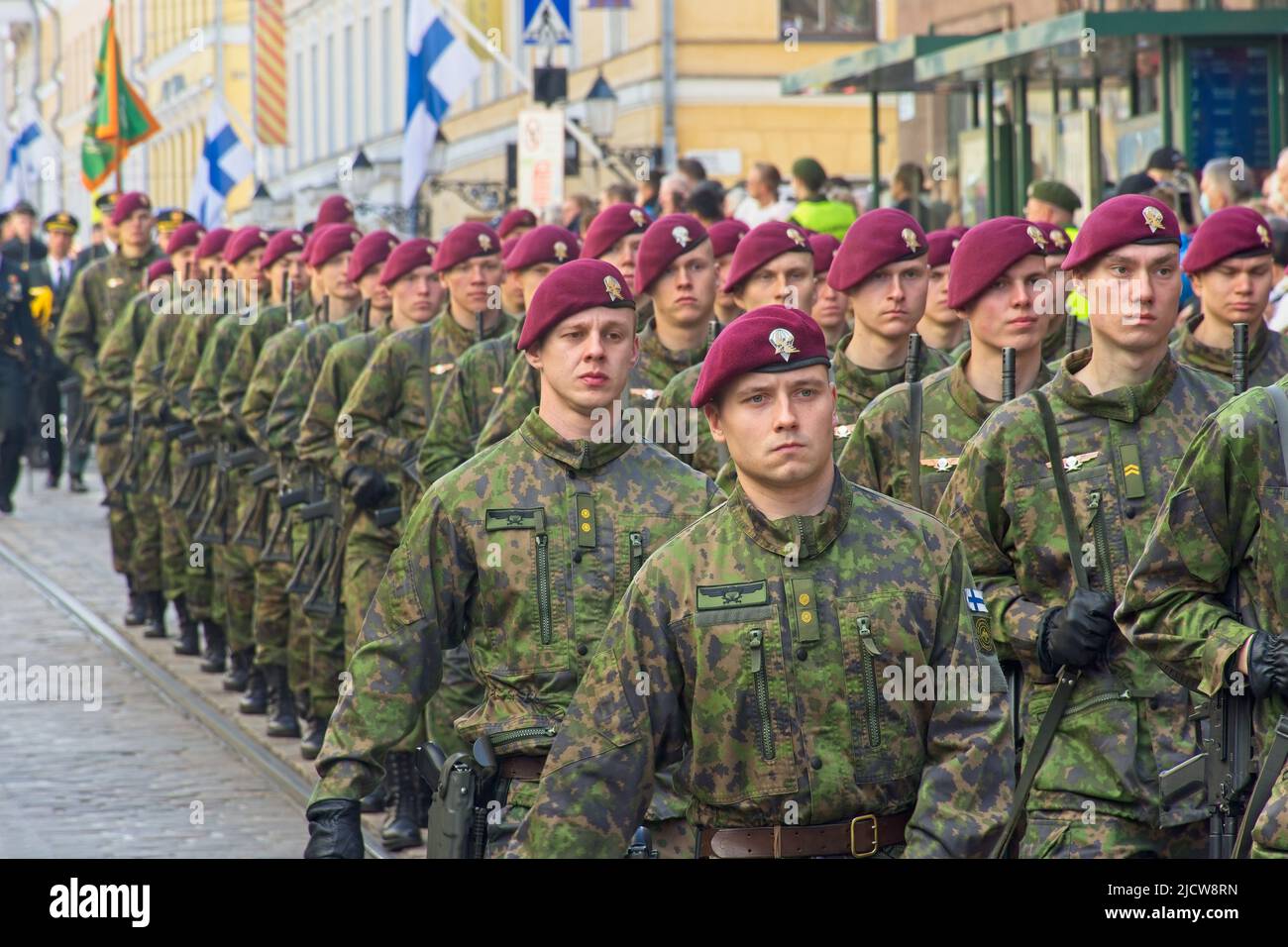 Paratroopers on Aleksanterinkatu street at National Parade on the Flag ...