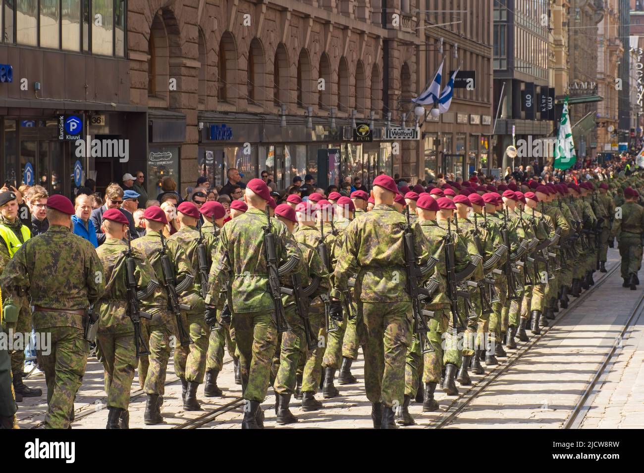 Paratroopers on Aleksanterinkatu street at National Parade on the Flag ...