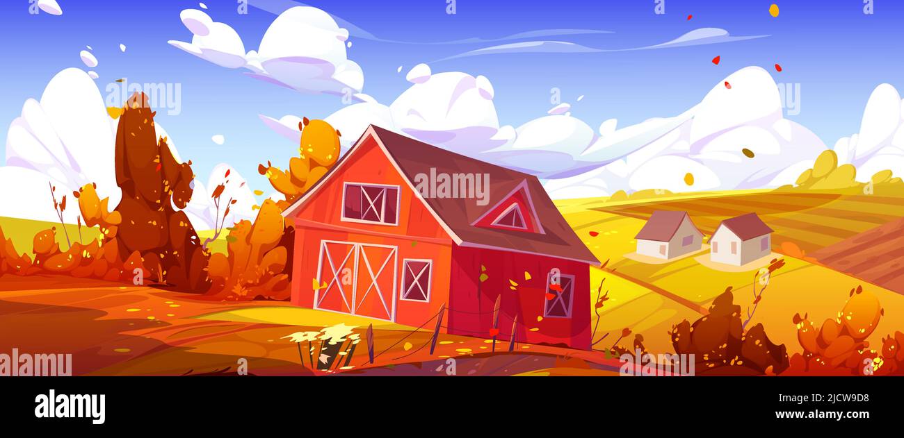 Countryside landscape with farm barn, agriculture field and houses in ...