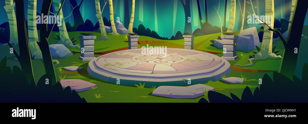 Ancient celtic round stone platform with pillars in green forest ...
