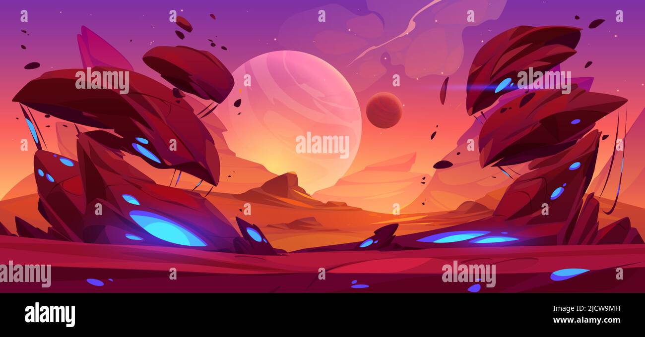 Fantastic landscape of alien planet with rocks, flying stones and ...