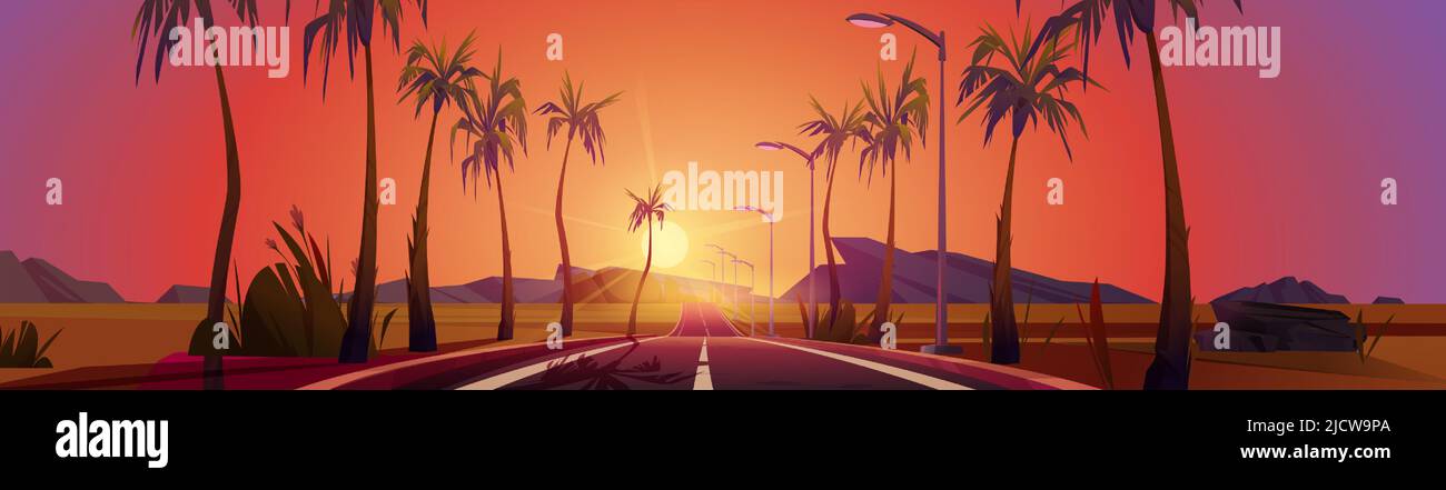 Sunset landscape road with palm trees by sides perspective view ...