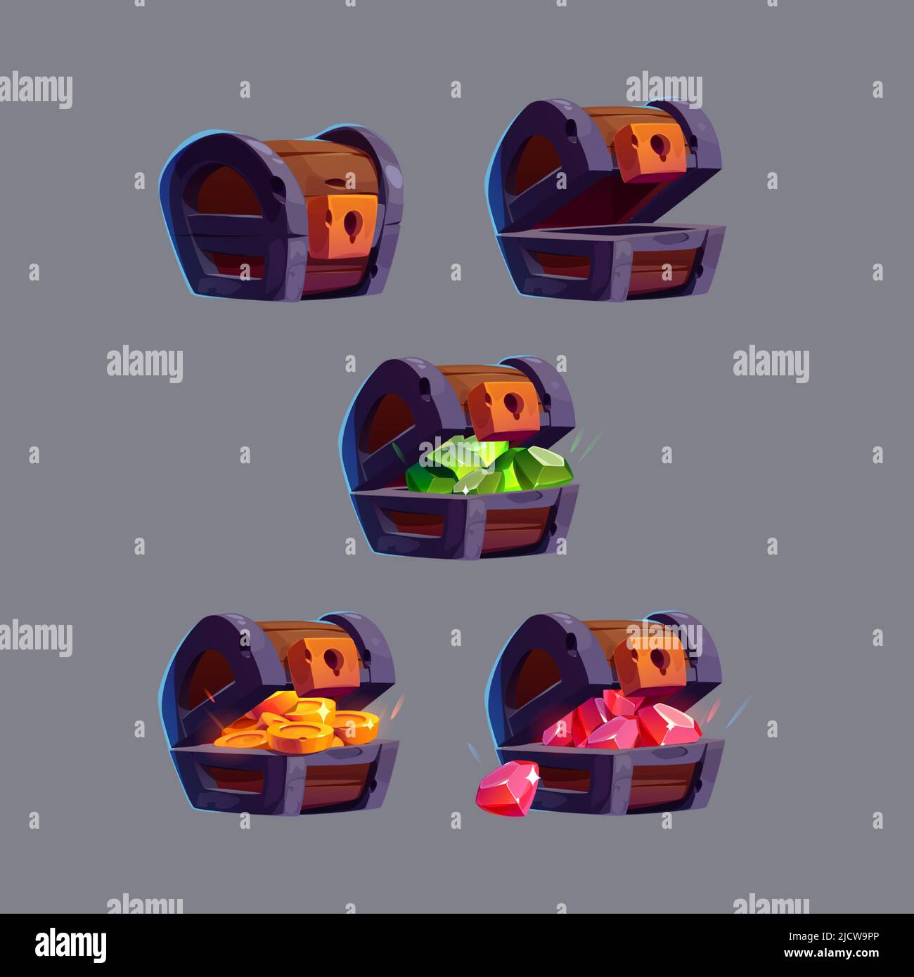 Treasure chests with gold coins, different gems, game icons. Vector ...