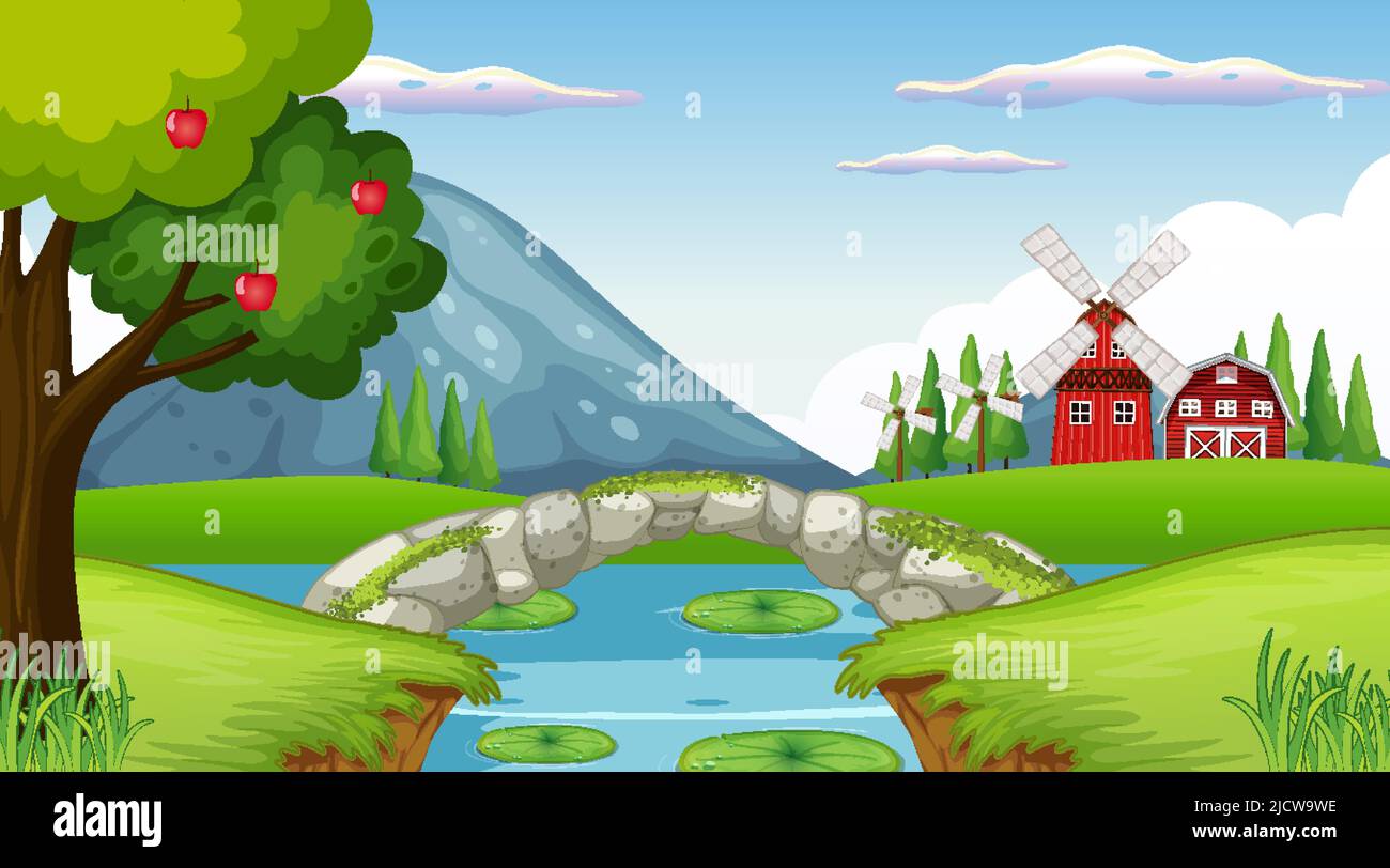 Farm background with stone bridge illustration Stock Vector Image & Art ...