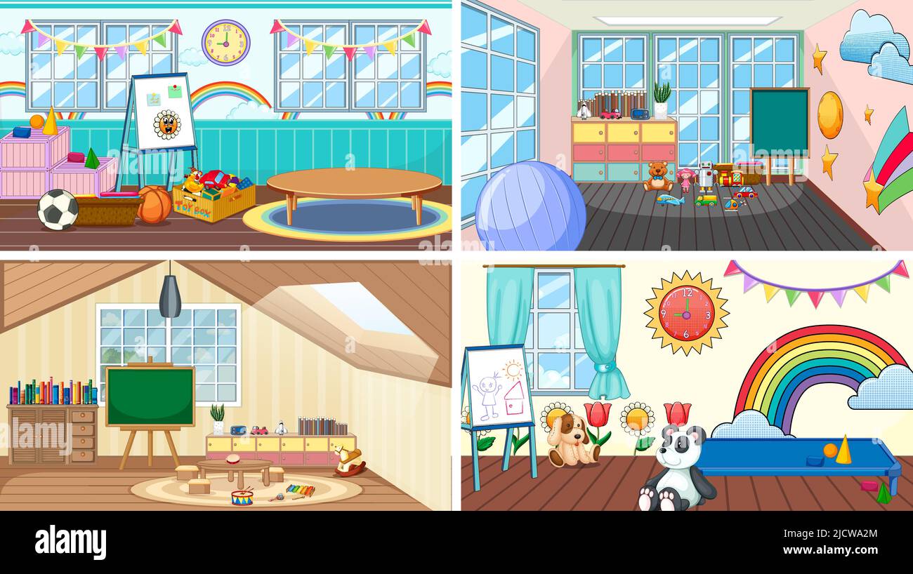 Set of different kindergarten classroom scenes illustration Stock ...