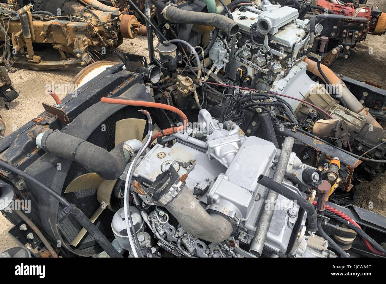 Closeup of detail of broken car engine at the junkyard, motor of ...