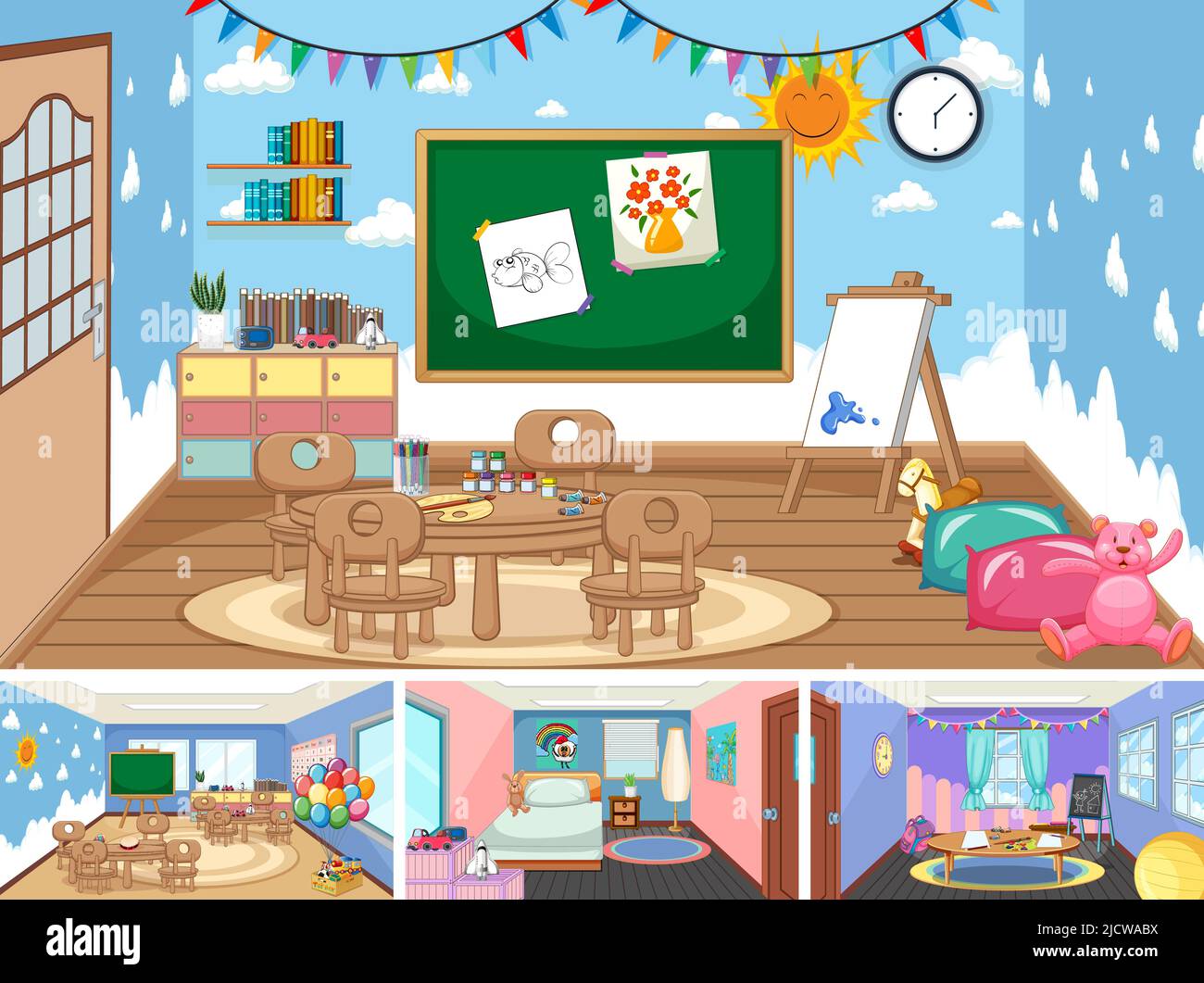 Set of different kindergarten classroom scenes illustration Stock ...